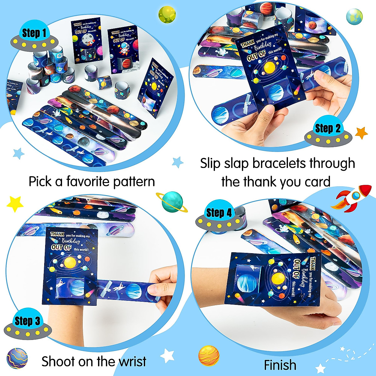 ArianQicult Space Slap Bracelet, 24Pcs Outer Space Kids Wristbands Bracelets with Thank You Cards Planet Themed Party Favors Gifts for Kid Birthday Party Favors Classroom Prizes Exchange (12 Styles)