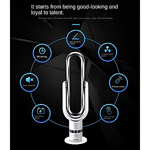 Leafless fan can be remotely controlled, touch screen, children's safety, leafless fan, floor fan, table fan, air volume, quiet, soft, cool, wind speed is adjustable in ten gears (White&Silver)