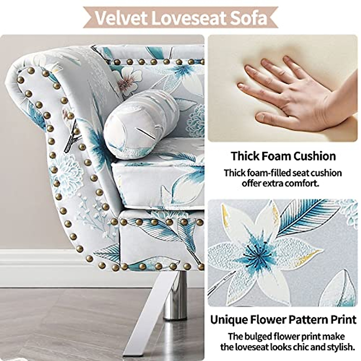 Homtique 61" Mid Century Modern Velvet Loveseat Sofa, Upholstered Loveseat Settee Accent Sofa for Bedroom, Living Room, Roll Arms Sofa with 2 Bolster Pillows, Small Couches for Small Spaces, Flower