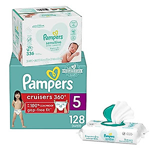 Pampers Pull On Diapers Size 5 and Baby Wipes, Cruisers 360° Fit Disposable Baby Diapers with Stretchy Waistband, 128 Count ONE MONTH SUPPLY with Baby Wipes 6X Pop-Top Packs, 336 Count