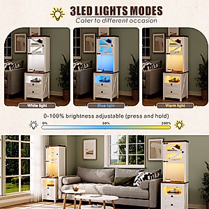 FREDEES Farmhouse Tall Night Stand Set 2, Bedside Table with Drawers & Adjustable Sheves, LED Nightstand with Gun Drawer, Smart End Table for Bedroom, Antique White