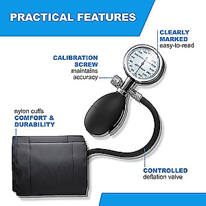 Primacare DS-9185 Aneroid Sphygmomanometer and Blood Pressure Cuff Set with Portable Case, 5 Sized Nylon Cuffs with Deflation Valve, BP Cuff Manual Kit for Infant, Child, Adult, Large Adult, Thigh