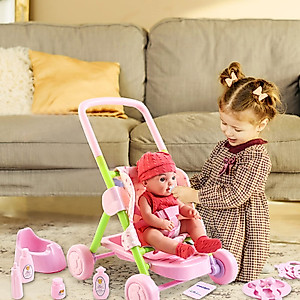 deAO Baby Doll Stroller Set Doll Playset with Smooth Rolling 11Pcs Baby Doll Feeding Accessories -12 Inch Baby Doll Set,Great Nurturing Pretend Toy for 3+ Girls…