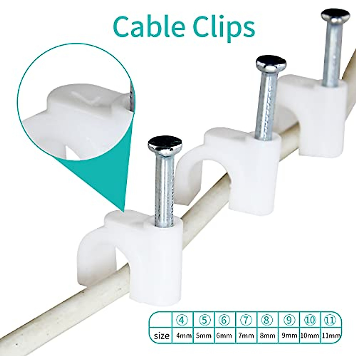 Bonsicoky 200Pcs Nail Cable Clips with Steel Nail, 7mm White Cable Wire Management Clips for Ethernet Cable, Telephone Cable, TV Wire Cable, Print Cable