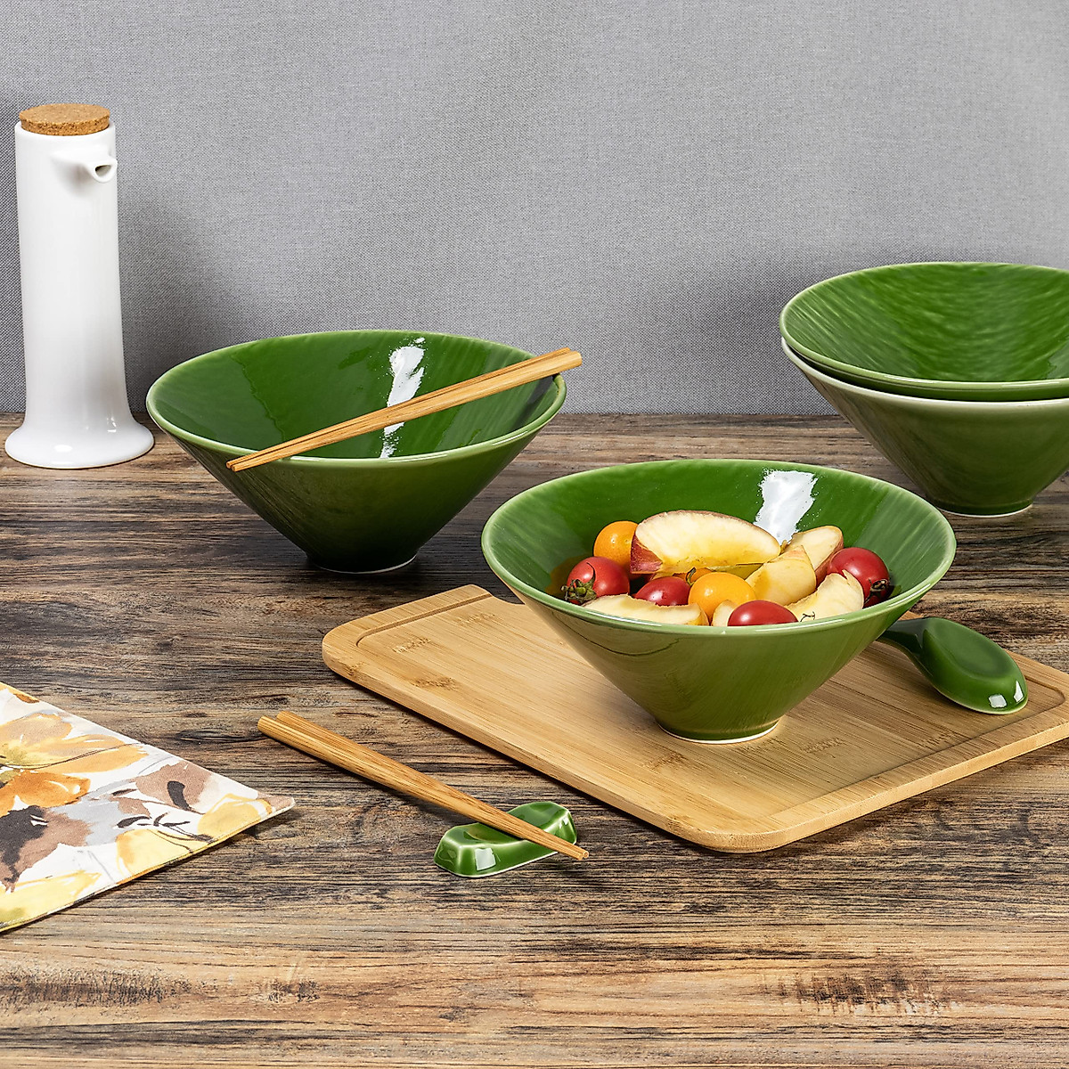 UNICASA 38oz Large Japanese Ramen Bowl Set with Chopsticks, Spoons and Stands, Ceramic Noodle Bowl Set of 2 for Udon, Pho, Soba, Salad and Soup – Reactive Glazed Light Green