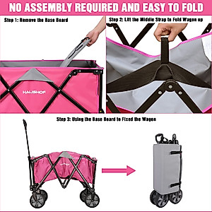 HAUSHOF Heavy Duty Collapsible Wagon, Folding Outdoor Utility Wagon, Camping Garden Beach Cart with Universal Quick Release Wheels, Adjustable Handle, 176 lbs Load Capacity, Pink