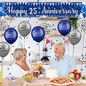 Blue Silver 25th Anniversary Decorations for Men Women, Blue Silver Happy 25th Anniversary Banner 18pcs Navy Blue 25th Anniversary Balloons for 25th Silver Wedding Anniversary Decoration Supplies