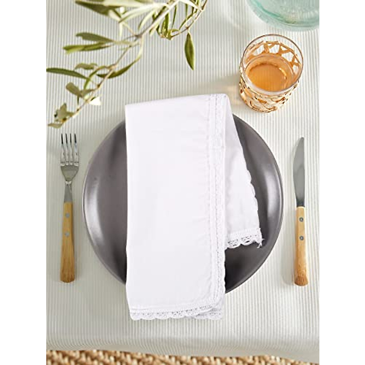 Cotton Cloth Dinner Napkins Oversized 20x20-Cotton Flax Fabric with Lace & Tailored with Mitered Corners-Ideal for Events and Regular Use-White Set of 4