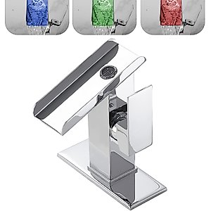 Chrome Bathroom Sink Faucet One Hole LED Waterfall Spout RGB 3 Colors Light Changing Lavatory Vanity Faucets Brass Single Handle Modern Washbasin Bath Tap Include Plates to Cover Holes Residential