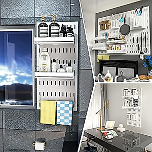 Metal Pegboard for Kitchen 6 Pcs, NaneTidy Pegboard Wall Organizer Kits (Include 2x Spice Racks, Bowl Rack, Plate Rack, 6x Hooks, Knife Holder, 2x Utensil Holders, U-Rack,Towel Rack), White