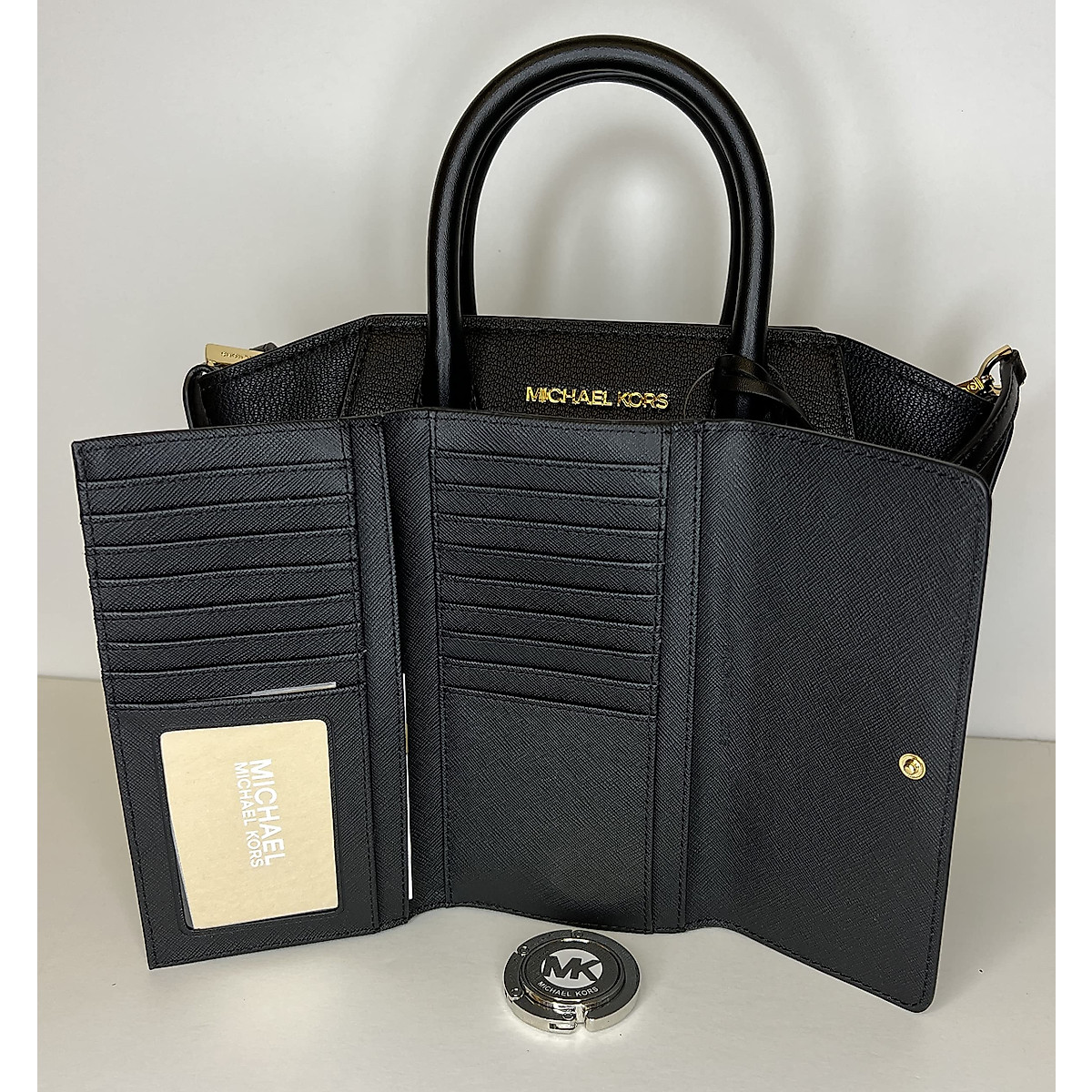 Michael Kors MICHAEL Michael Kors Avril Small Logo Top-Zip Satchel bundled with Trifold Wallet Purse Hook (Black)