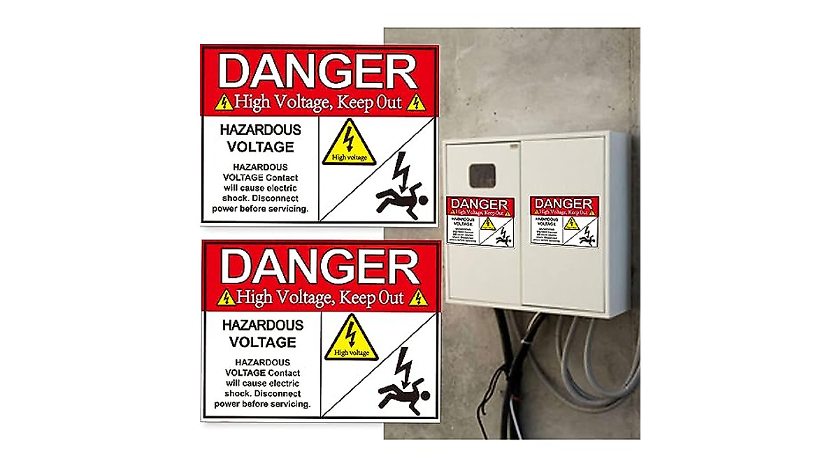 Hazardous Voltage Warning Stickers - 8 Pack Safety Decals for High Voltage