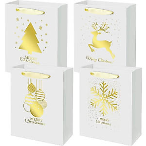 12 PCS Christmas Holiday Foil Gold Gift Bags,4 Designs,Perfect for Christmas Thanksgiving New Year Party Favor,White Winter Prints,Holiday and New Year Party