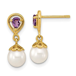 14K Yellow Gold 6mm White Round Freshwater Cultured Pearl Purple Amethyst Post Drop Dangle Earrings February Birthstone Jewelry