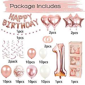 First Birthday Balloon Boxes Decorations for Girl, 72Pcs 1st Birthday Party Decorations Includes White Transparent Boxes Baby Rose Gold Balloons 40 Inch Foil Balloons 18 Inch HAPPY BIRTHDAY Foil