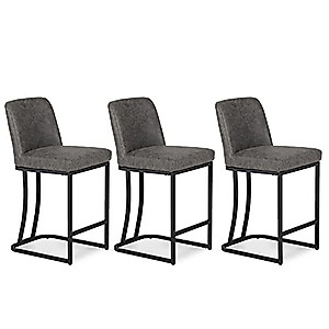MAISON ARTS Counter Height 24" Bar Stools Set of 3 with Back for Kitchen Counter Modern Upholstered Barstools Faux Leather Farmhouse Bar Chairs Island Stools Support 330LBS, 24 Inch, Grey+Black Frame