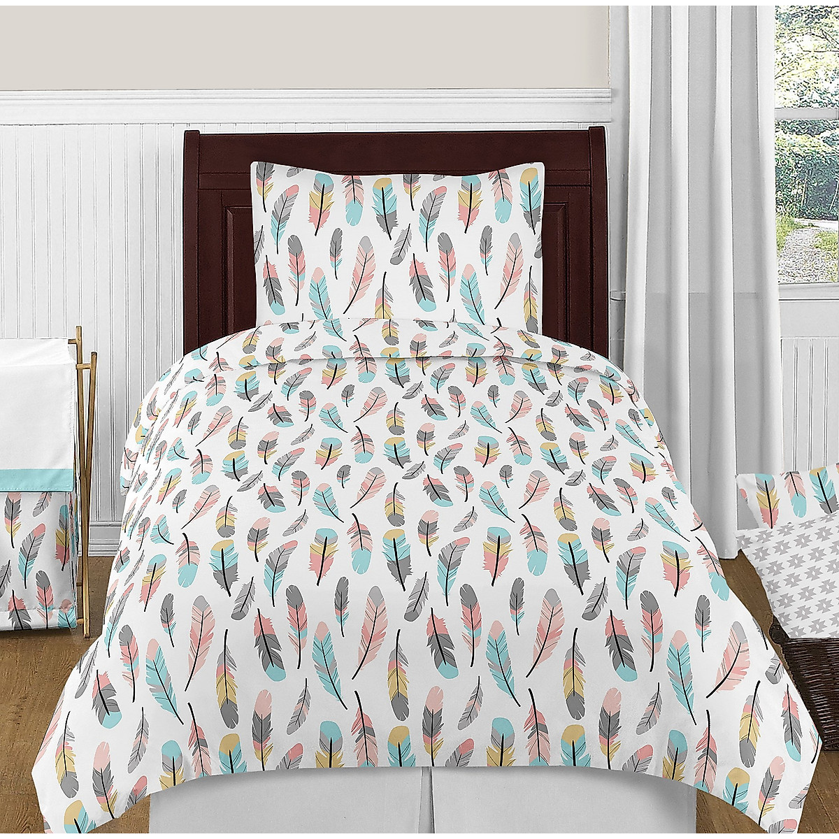 Sweet Jojo Designs Turquoise and Coral Boho Girl Baby Nursery or Kids Room Small Fabric Toy Bin Storage Box Chest for Feather Collection