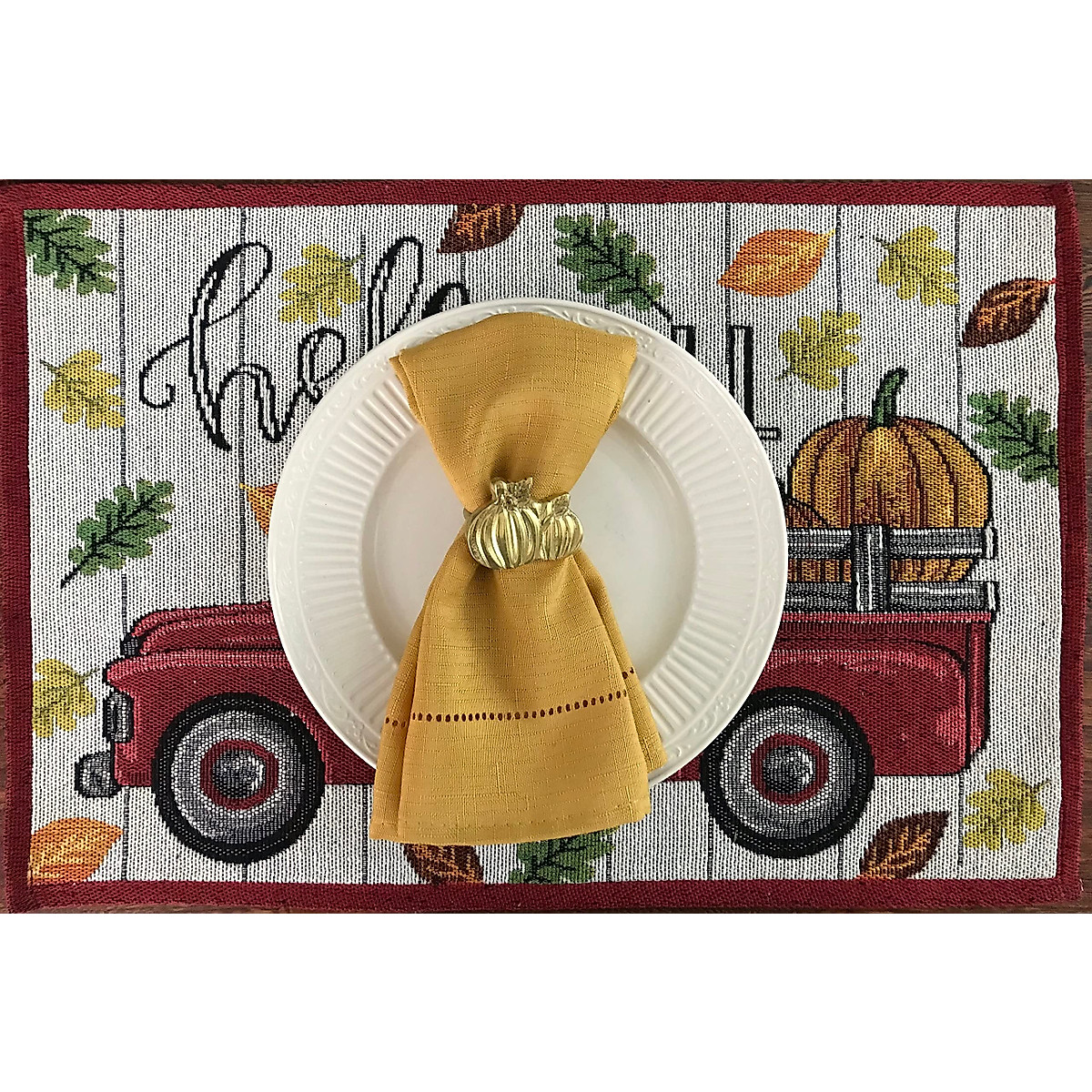 Fall Farmhouse Red Truck and Pumpkins Placemats, Hello Fall Set of Six (6) Colorful Tapestry Weave Fabric, for Holiday's, Thanksgiving, Autumn and Fall