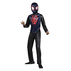 Marvel Miles Morales Official Youth Halloween Costume - Printed Jumpsuit with Fabric Mask (M) Black