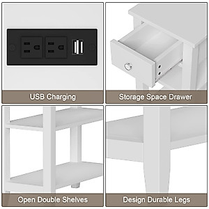 ChooChoo Narrow End Table with Charging Station, Side Table Living Room with USB Ports & Power Outlets and Hidden Drawer, 3-Tier Skinny Nightstand with 2 Open Storage Shelves for Small Place (White)
