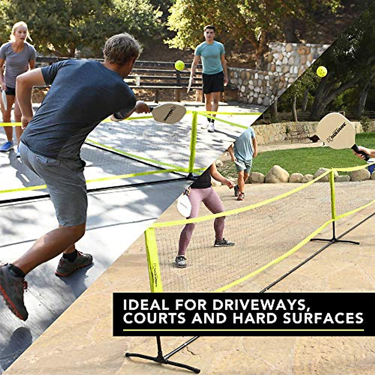 Triumph Sports 4 Square Pickleball Game Set Transforms to Regulation Pickleball Net, Includes 4 Square net, Wood Racket Paddles, Pickleballs, Boundary Markers, Metal Frame, Carry Bag