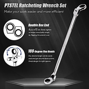 PTSTEL Ratcheting Wrench Set, Extra Long Double Box End Wrench Set，Flex-Head Metric Spanner Set, 6 Piece 72-Tooth Ratcheting Wrench Kit, 8-19mm (6, 8-19mm)
