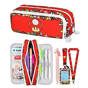 Trendy Fun for Large Pencil Case Big Capacity 3 Compartments Pencil Pouch Cute Cartoon Design Aesthetic Pen Bag with Zipper for Girls Teens Estuche para Lapices Sticker +Pen+ ID Badge Holder+Lanyard