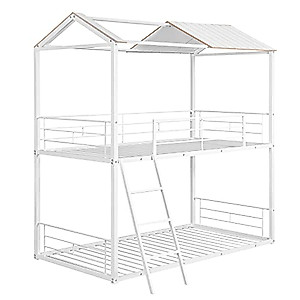 EMKK Twin Over Twin Metal Bunk Bed,House Shaped Low Bunk Beds w/Safety Guardrail & Ladder,Twin Over Twin Bunk Beds for Kids Girls Boys Toddlers,Metal House Bunk Bed Frame with Ladder