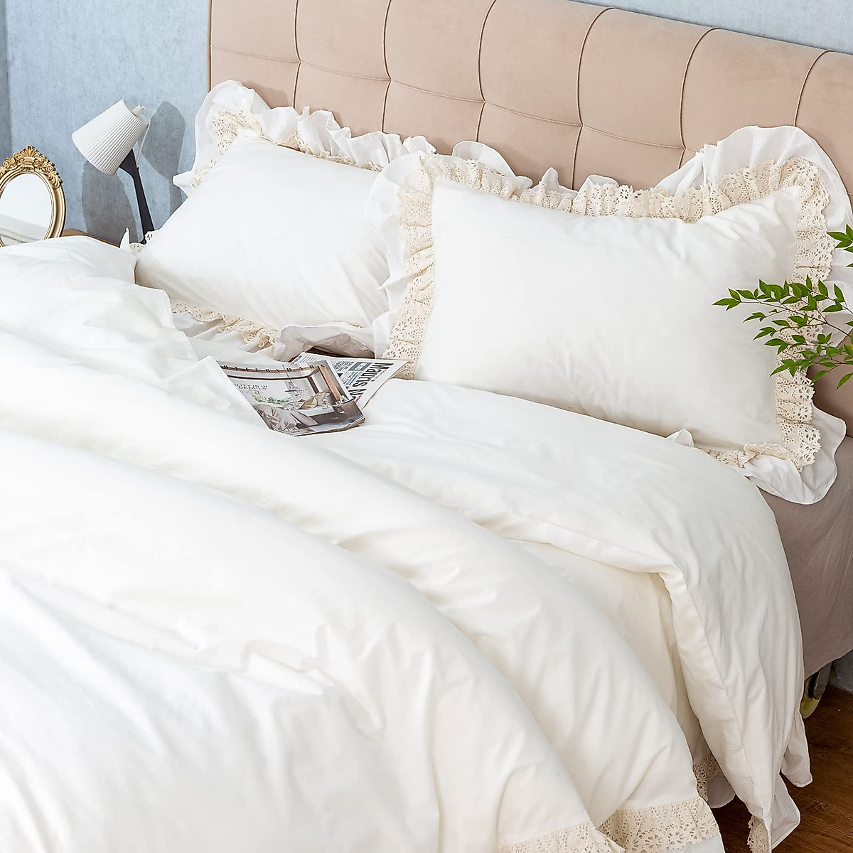 GLORY SEASON 100% Cotton Duvet Cover Set Ruffle Lace Edge Natural White Non-Dyestuff Ivory Washed All Season Comforter Cover Bedding Sets, Matching Shams,(King 104"x90")