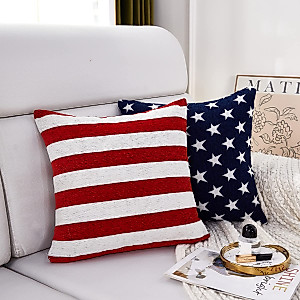 Sunday Praise Set of 2 Soft Chenille Decorative Patriotic Throw Pillow Cover Case Geometric Stars July 4th Accent Square Cushion Cover Case Sham for Couch Sofa Bed Car 18 x 18 Inch 45x45 cm (Blue)