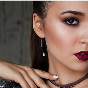 Savlano 925 Sterling Silver White Yellow & Rose Color Threader Dangle Drop Cross Line Ear Teardrop Long Chain Women's Earrings (White)