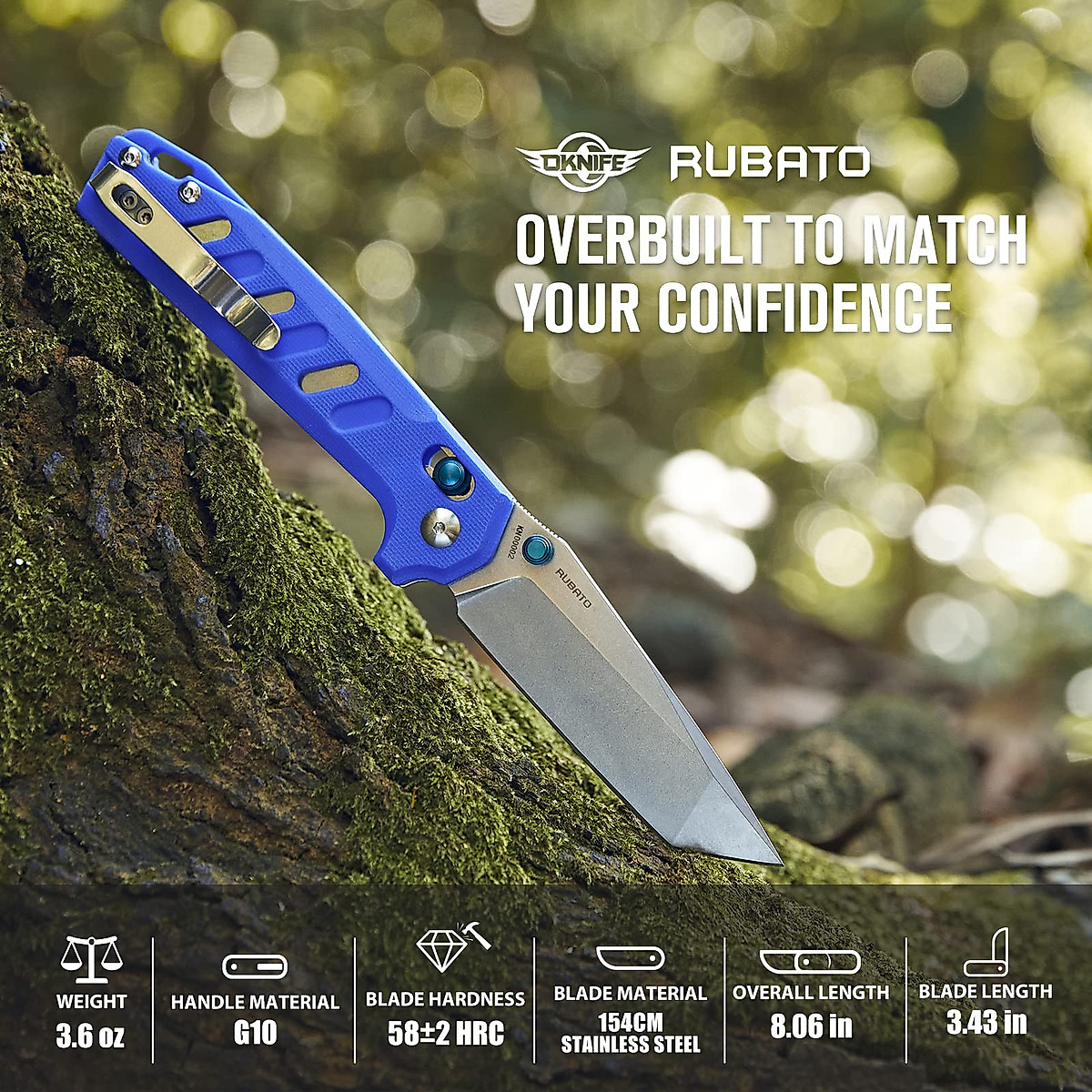 OKNIFE Rubato Pocket Knife, Tanto Style EDC Folding Knife with 154CM Stainless Blade and G10 Handle for Camping Indoor and Outdoor Activities (Blue)