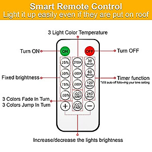 Mlambert 3-Color in 1 Dimmable Solar String Lights Outdoor,48ft LED Patio String Lights with Remotes,15 Hanging Sockets,Waterproof Shatterproof,Warm White Daylight White Lights for Backyard,Garden