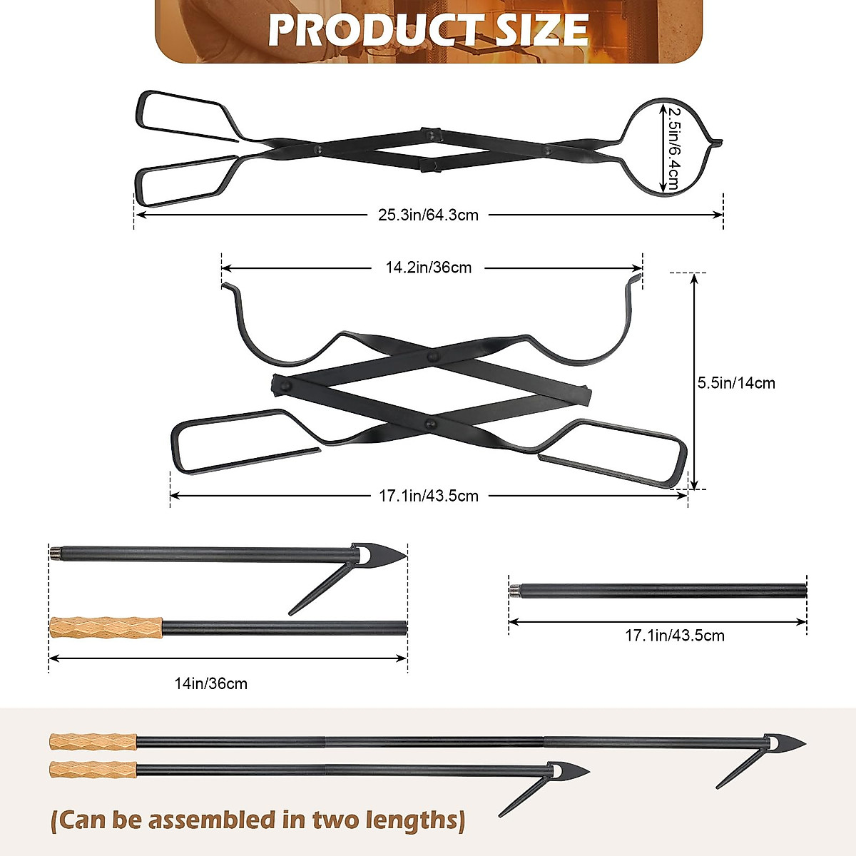 DTNESS 40" Fireplace Poker and 25" Fire Tongs, Heavy Duty Log Firewood Grabber Set, Long Fire Pit Campfire Poker Stick Tools, Wood Burnner Accessories for Indoor & Outdoor Wood Stove/Camping/Bonfires