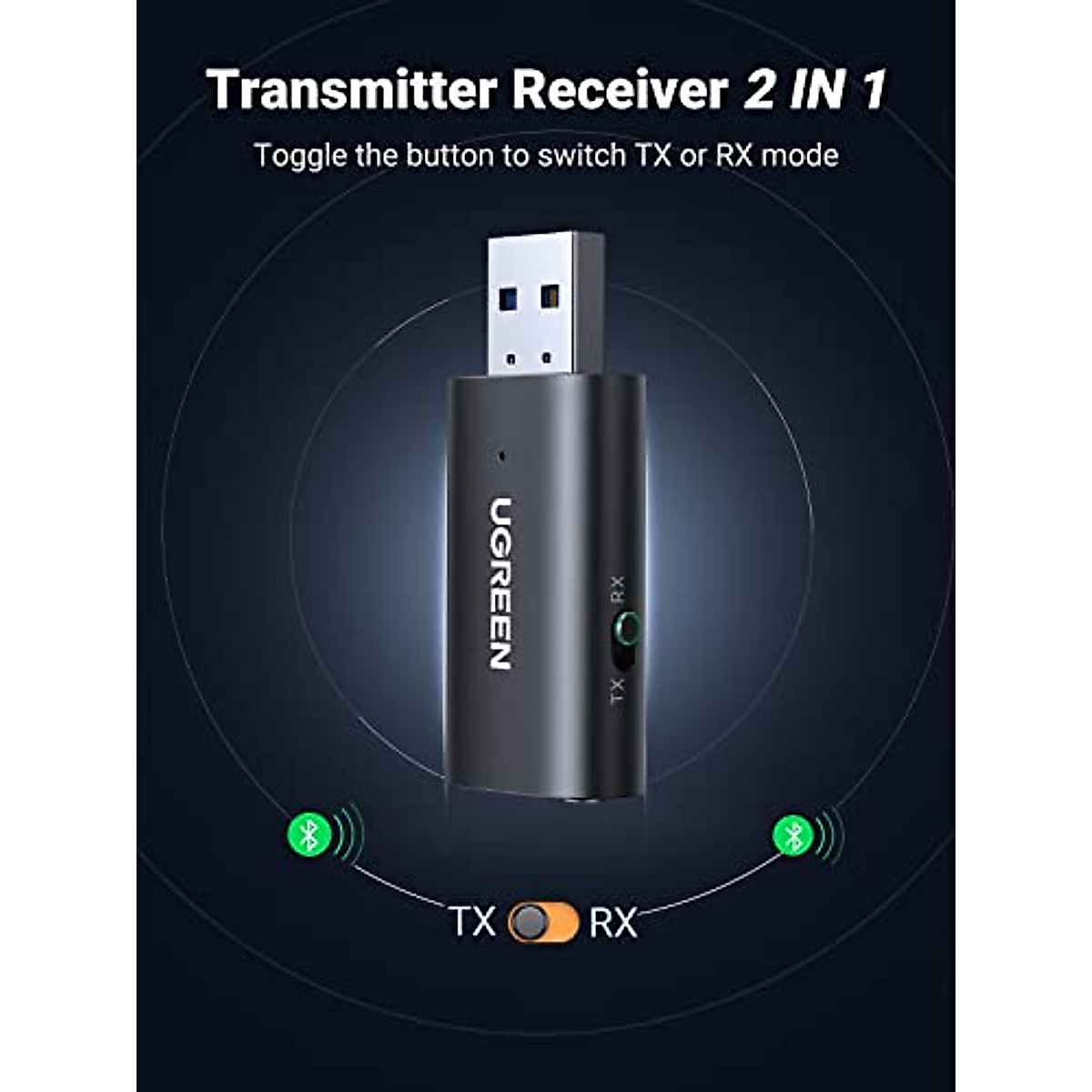 UGREEN Bluetooth 5.1 Transmitter Receiver 2 in 1 Wireless USB Bluetooth Adapter Built-in Microphone 3.5mm Audio Bluetooth Dongle Driver Free for TV, Home Stereo, Car Stereo, Headphones, Speakers, PC