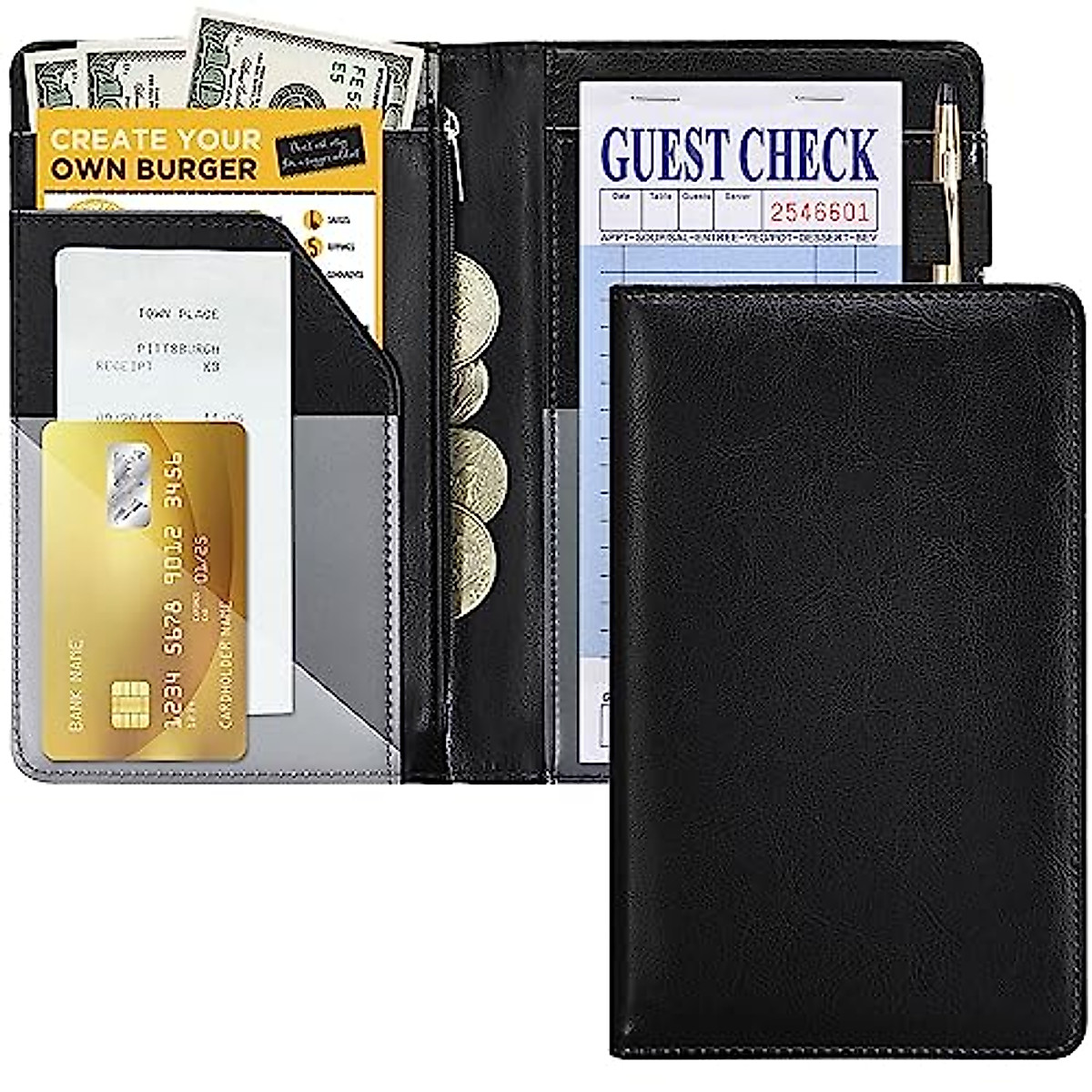 Black Server Books For Waitress/Waiter Book with Zipper Money Pocket,Cute Waitress Books Organizer Accessories Fit Server Aprons Note Pads (Black)