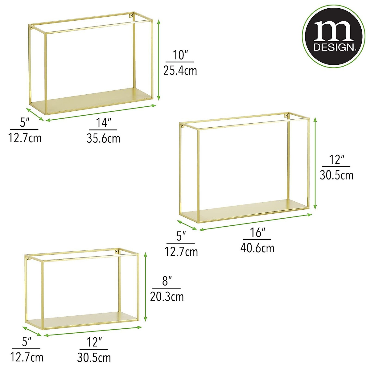 mDesign Floating Wall Mounted Frames, Decorative Steel Metal Geometric Rectangle Display for Photos, Plants, Nesting Cube Shadow Shelf Box for Living Room, Bedroom, Bathroom, Set of 3, Soft Brass