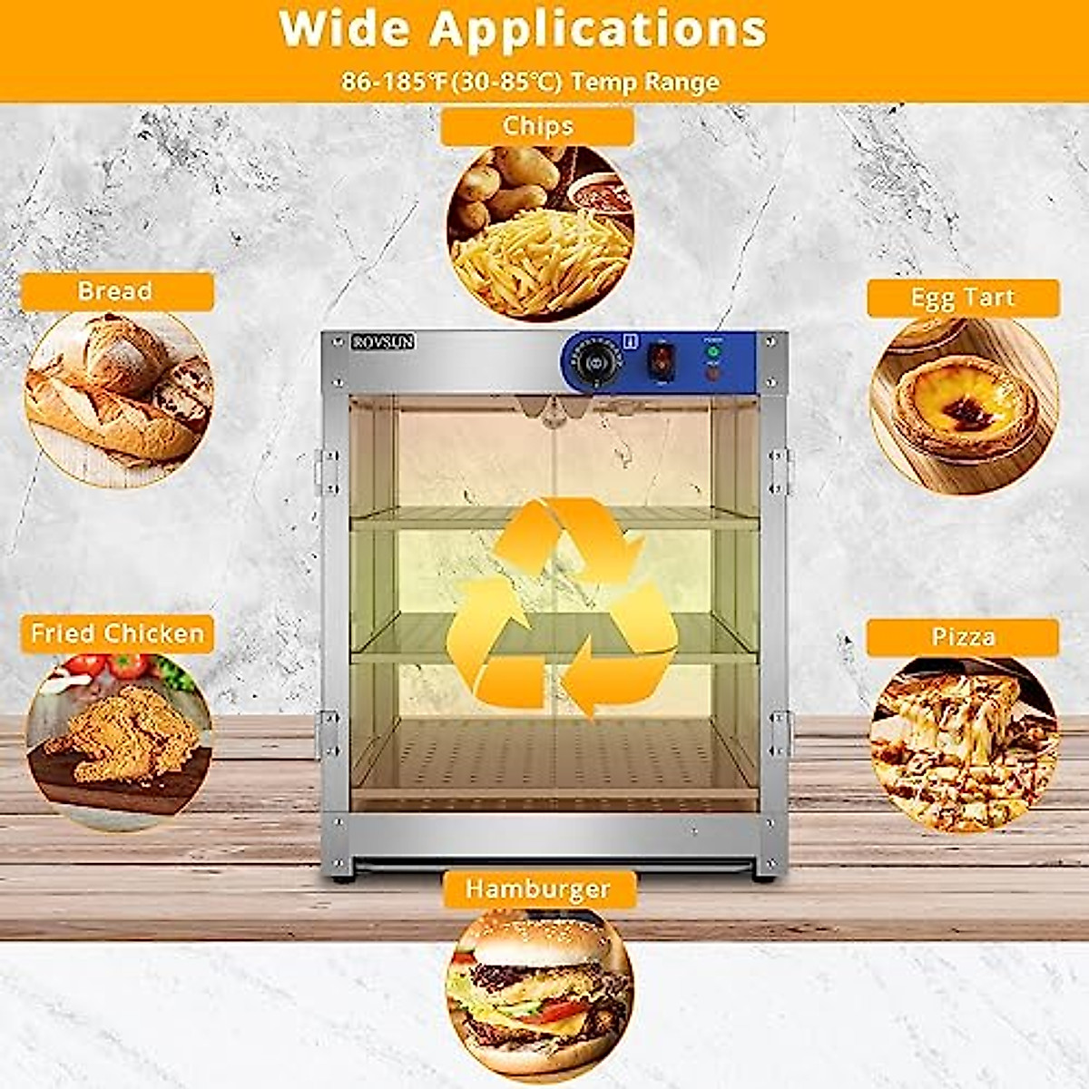 ROVSUN 3-Tier 110V Food Warmer, 800W Commercial Food Warmer Display Electric Countertop Food Pizza Warmer with LED Lighting Removable Shelves Glass Door, Pastry Display Case for Buffet Restaurant