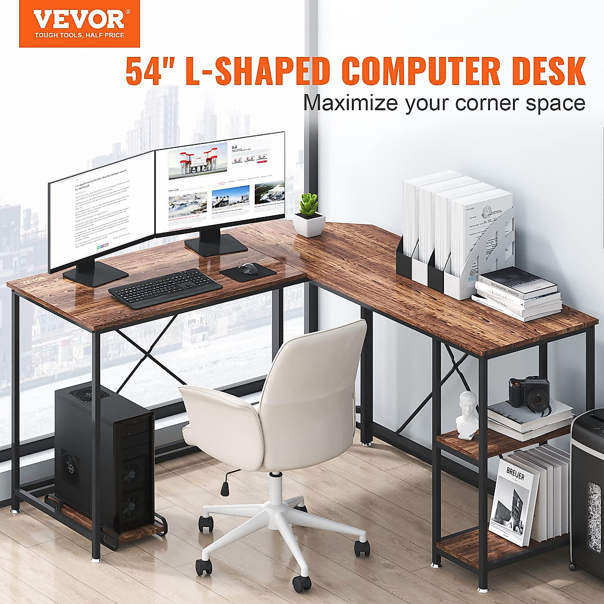 VEVOR L Shaped Computer Desk 54' Corner Desk with Storage Shelves & CPU Stand Corner Computer Desk Gaming Desk for Home Office Workstation Rustic Brown