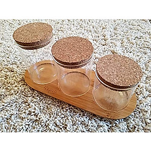 SplashSoup Glass Jar Set on Bamboo Tray, Natural Cork Lids, Bath Item Qtip Cotton Ball Canisters, Seasonal Display Decor, Centerpiece