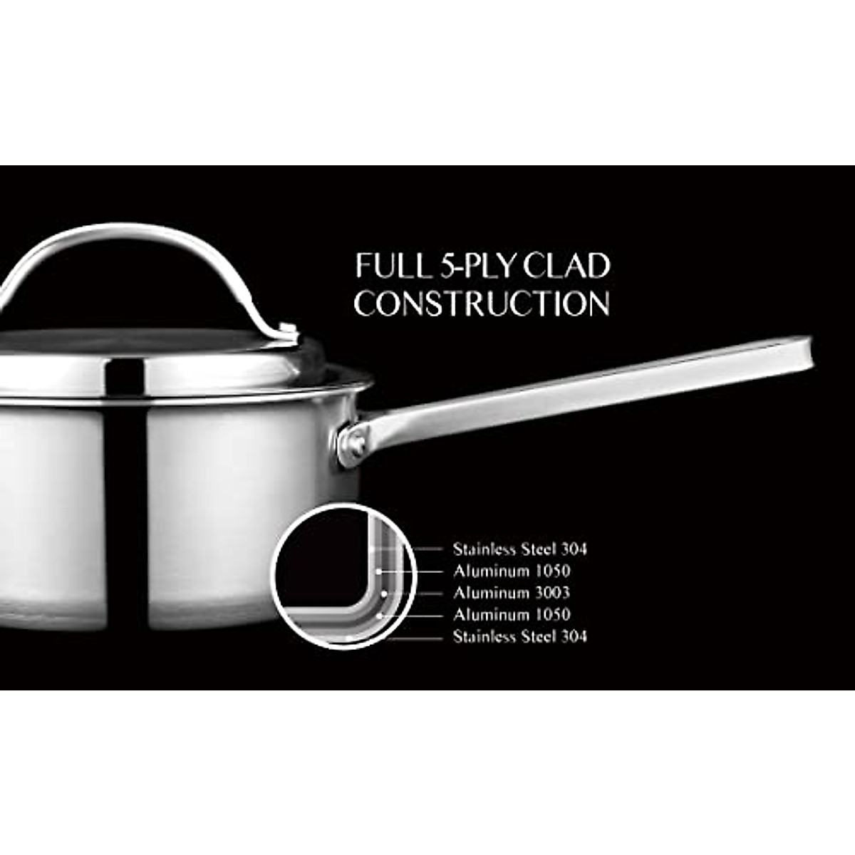 CHEF TOPF 1.5 qt 5-ply stainless steel sauce pan with cover, Brushed finish, full 5-ply, multi-clad, oven safe, dishwasher safe