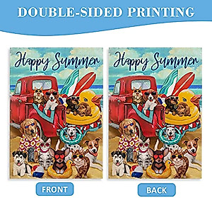 Covido Happy Summer Red Truck Coastal Decorative Garden Flag, Dogs Beach Yard Nautical Outside Decoration, Ocean Outdoor Small Burlap Home Decor Double Sided 12 x 18