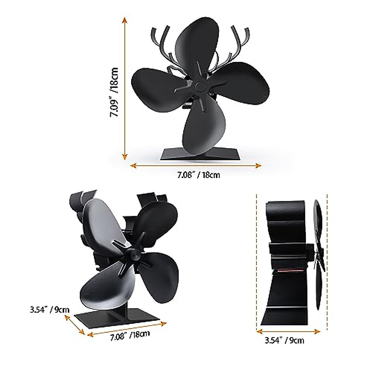 4 Blade Heat Powered Stove Fan Large Air Volume Fireplace Wood Stove Fan Non Electric Eco Fan Low Noise Aluminum Alloy Black