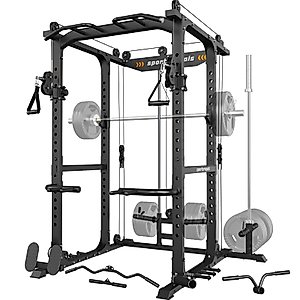 Sportsroyals Power Cage, Multi-Function Power Rack with Adjustable Cable Crossover System and More Training Attachment, Weight Cage for Home Gym