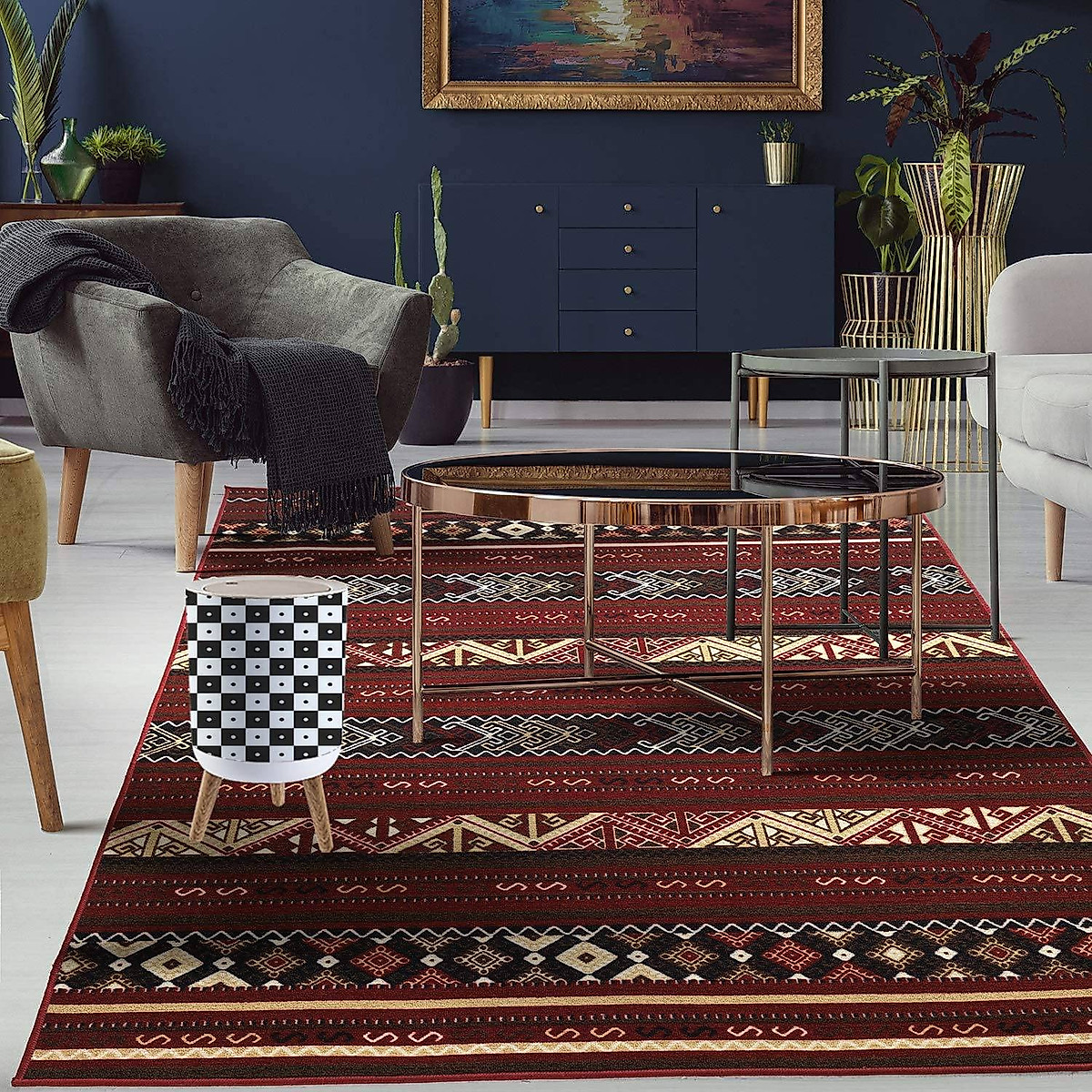 CAKOJV188 Round Trash Can with Press Lid Checked Seamless Minimal Black and White Small Garbage Can Trash Bin Dog-Proof Trash Can Wooden Legs Waste Bin Wastebasket 7L/1.8 Gallon