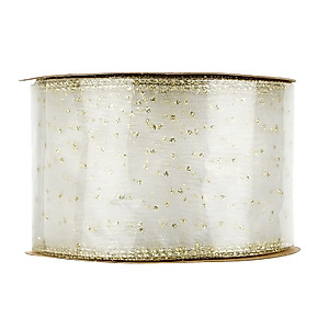 MEEDEE White Gold Wired Ribbon - 2.5 Inch Glitter Polka Dot Christmas Ribbon, 25 Yards for Tree, Wreath, Bow Making