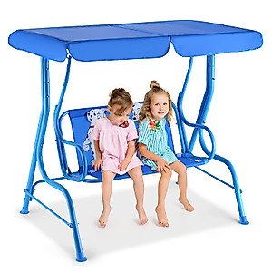HONEY JOY Kids Patio Swing, 2-Seater Outdoor Porch Swing Lounge Chair W/Canopy & Safety Belt, All Weather Resistant Waterproof Hanging Swing Bench for Patio Garden Poolside Balcony(Blue Puppy)
