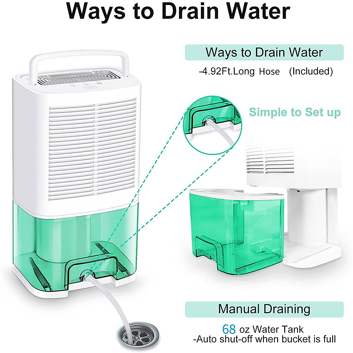 MADETEC Dehumidifiers for Home 8000 Cubic Feet 800 Sq.ft, Portable Dehumidifier with Drain Hose and 68oz (2000ML) Water Tank, Ideal for Basements Bedroom Bathroom Closet Kitchen RV