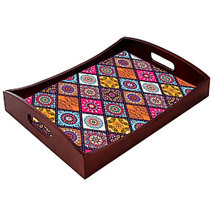 Mandala Printed Wood Serving Tray with Handles, Wooden Serving Tray, Snack Tray, Breakfast Tray, Great for, Breakfast, Coffee Tables, Homes, Restaurant Size- 15" x 10" x 1.75"