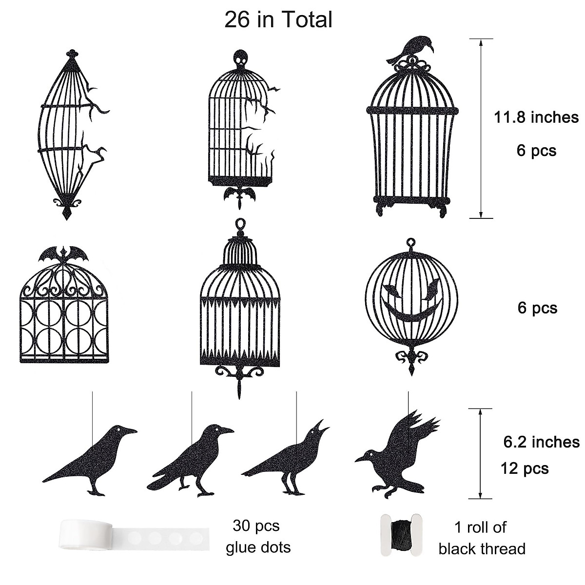 Cheerland Glitter Black Crow Cage Decorations for Gothic Halloween Stickers Decals Tree Hanging Decorations Raven Bird and Cage Banner Garland Backdrop for Horror Theme Birthday Party Supplies